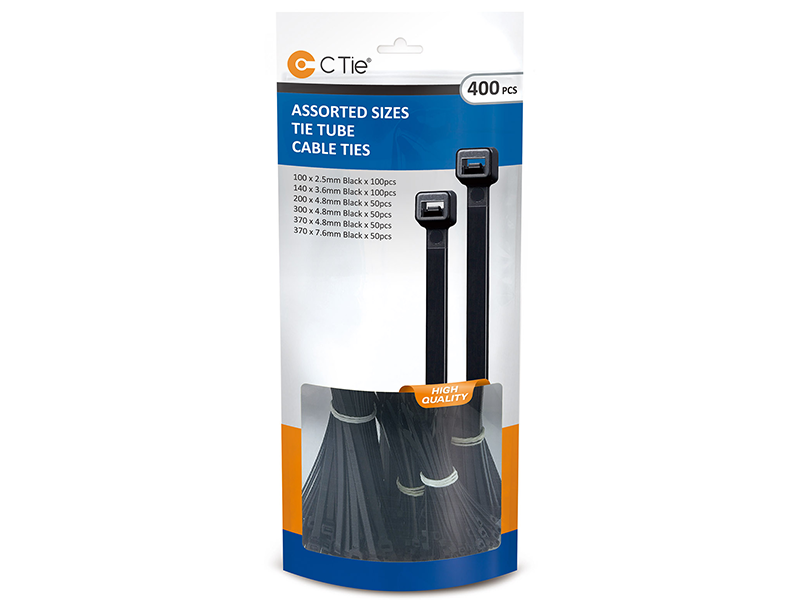 400 Piece Assorted Black Cable Tie Pack - 6 Sizes | 12 Volt Planet
